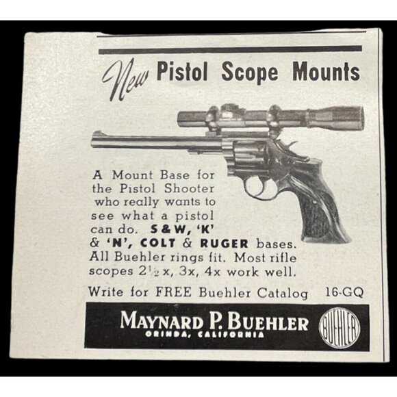 Art | Maynard P Buehler Mini Print Ad 1962 Vintage Pistol Scope Mounts ...